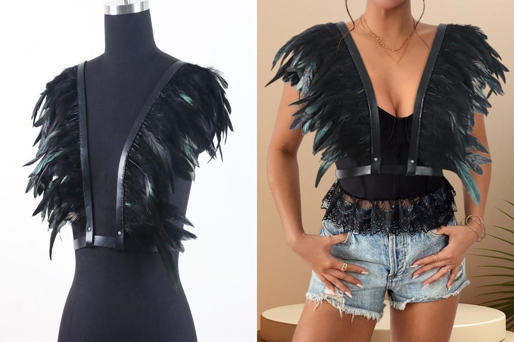 Gothic Feather Vest Medieval Feather Shawl Punk Gothic Faux Leather ...