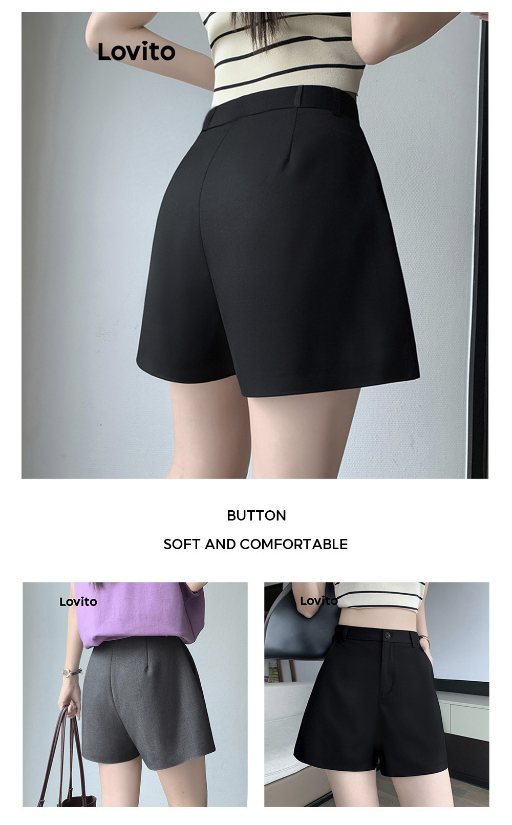 Lovito Women Korean Elegant Mini Plain Button Shorts LNE27266 | Shopee ...