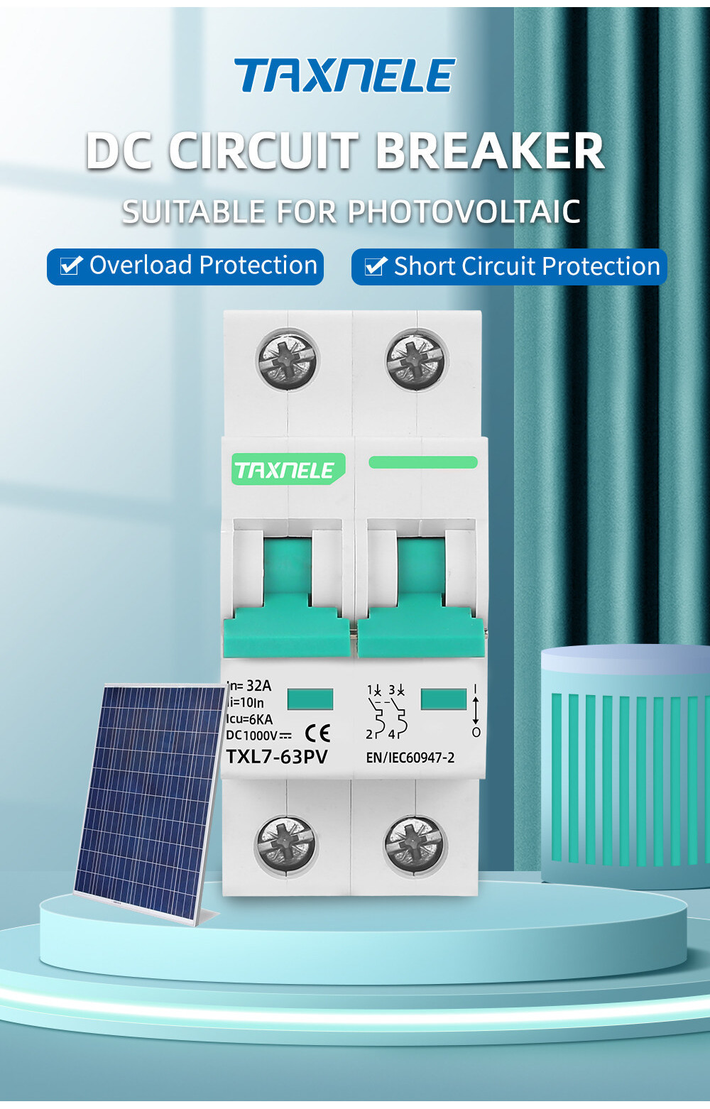 TAXNELE 2P DC MCB L7 Solar PV Mini Circuit Breaker DC 1000V verload Protection Battery Switch ...