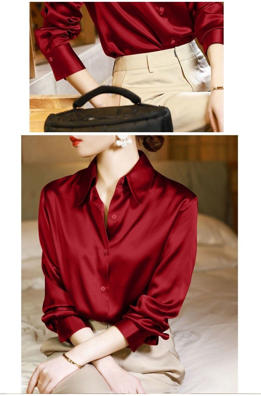 {Shipped From Manila+COD} Elegant Red Blouse for Women Silk Satin White ...