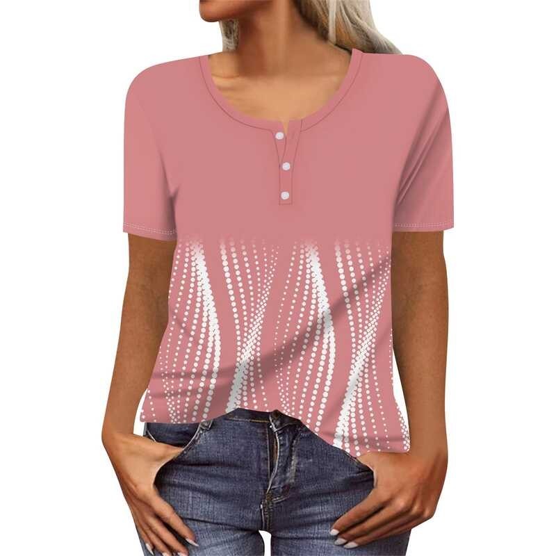 Kababaihang Button V-Neck Fashion Print Short Sleeve Print T-Shirt Slim ...