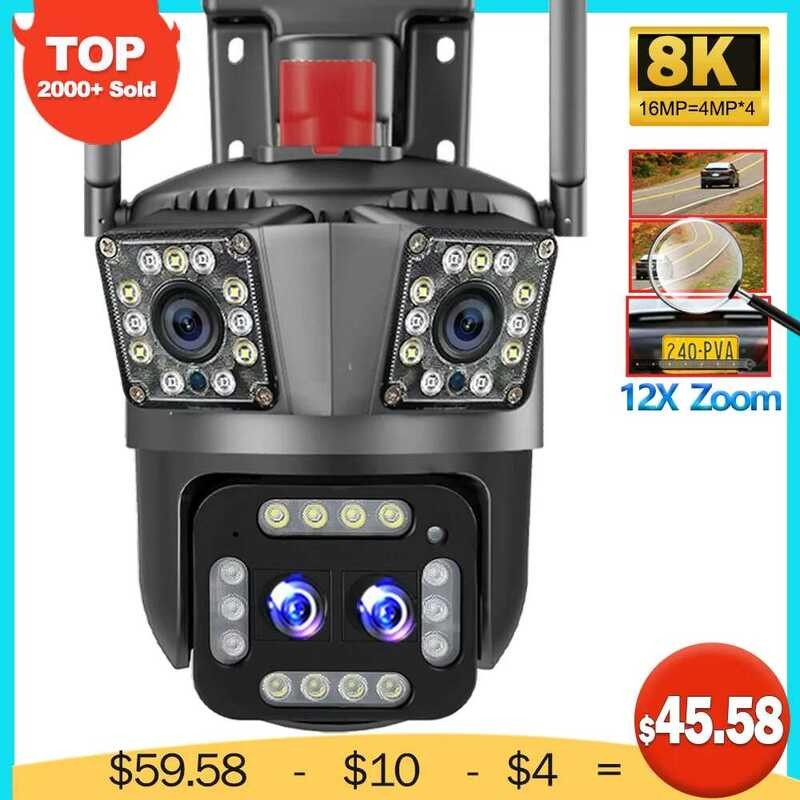 8K 16Mp Wifi IP 10X Zoom 4K Outdoor Security Surveillance AI Track Four Lens Three Screen Mini ...