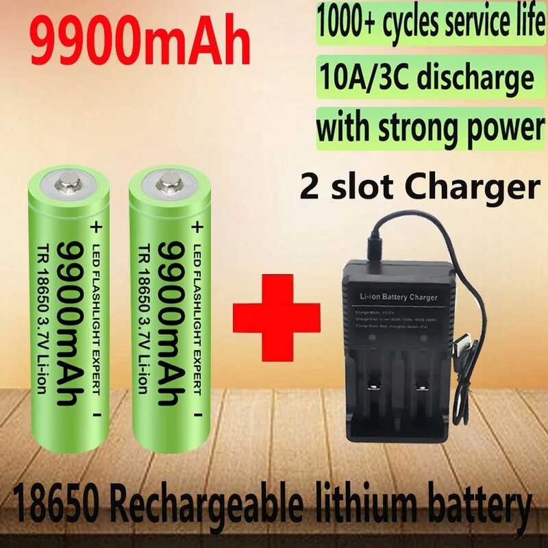 New 18650 Battery 3.7V 18650 9900Mah Capacity Lithium Ion Rechargeable + Charger Flashlight ...