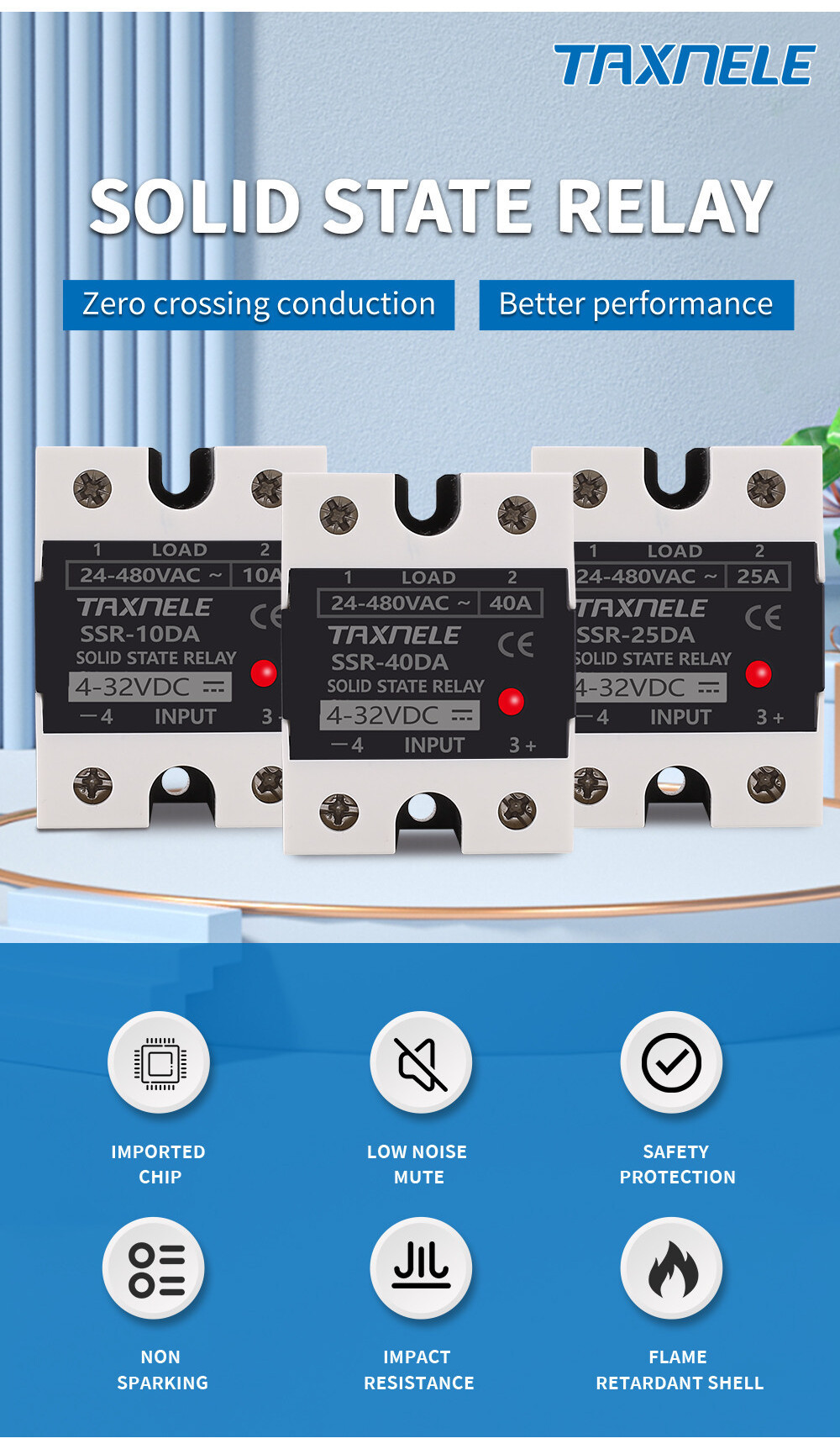 TAXNELE SSR 40DA SSR 25DA 10DA Solid State Relay DC To AC 4-32VDC Input 24-480VAC Output solid ...