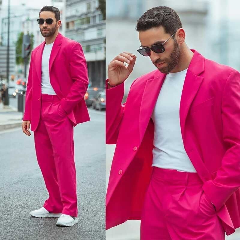 Street Wear Fuchsia Men Suits 2 Pieces Groom Party Wedding Peak Lapel ...