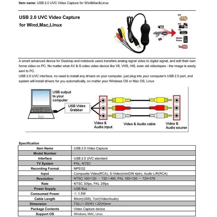 USB 2.0 UVC Audio Video Capture Card S-video Recording for Video Camera ...