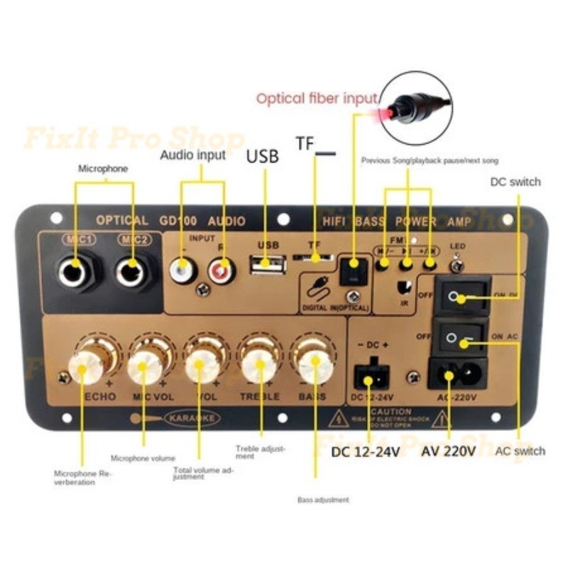 1200W 220V 12V 24V Bluetooth Optical Fiber Audio Input Amplifier Board ...