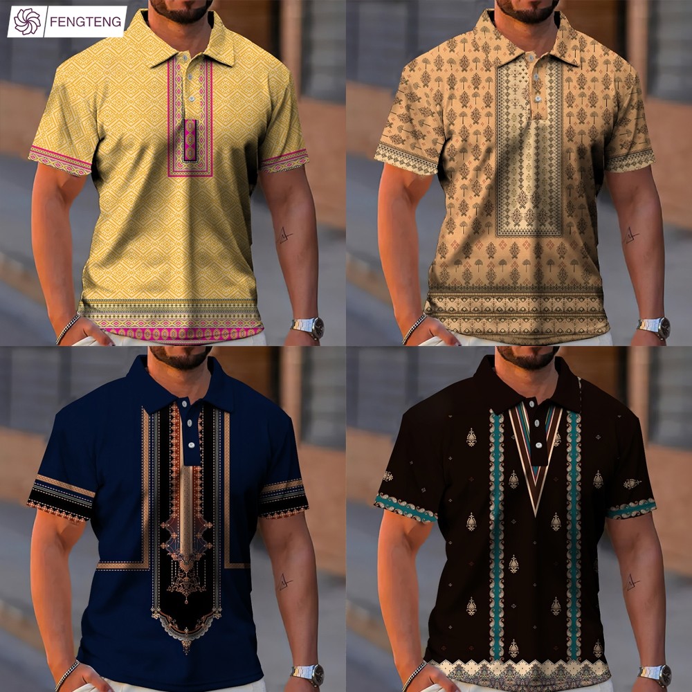 2025 Ethnic Retro Style T-shirt Balong Floral Pattern Printed POLO ...
