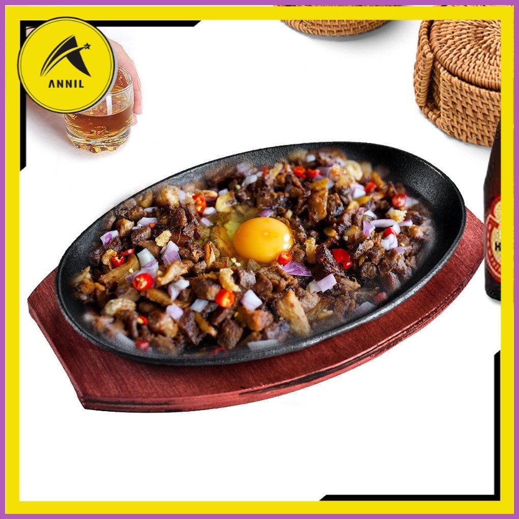 ♀ Annil Shop Cast Iron Oval sizzling plate With Wood Base Steak Grill ...