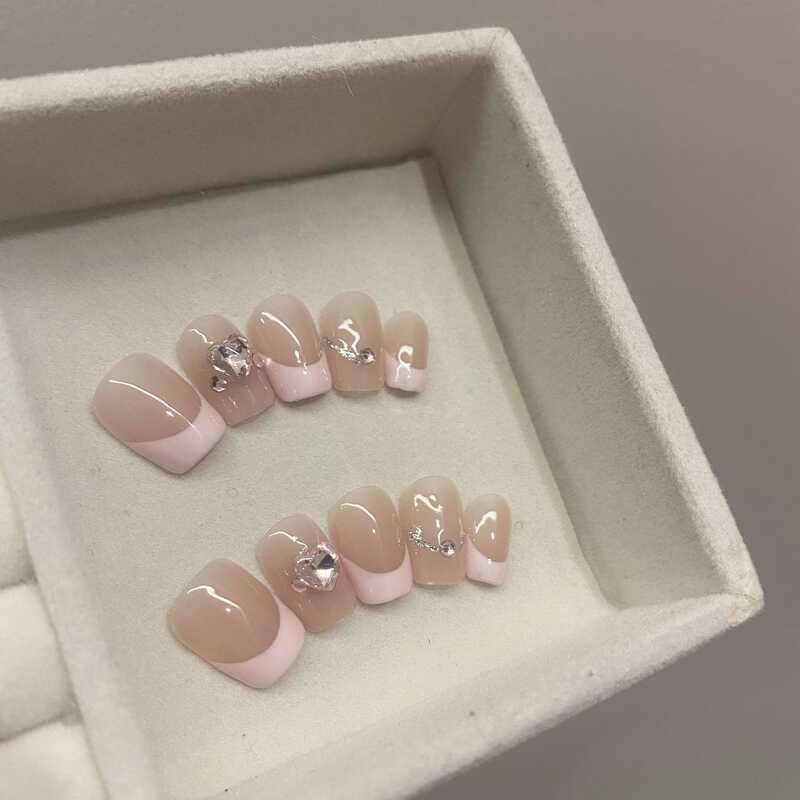 71 Bean Nail Pure Handmade Wearing Nail Art Pink French Love Diamond ...