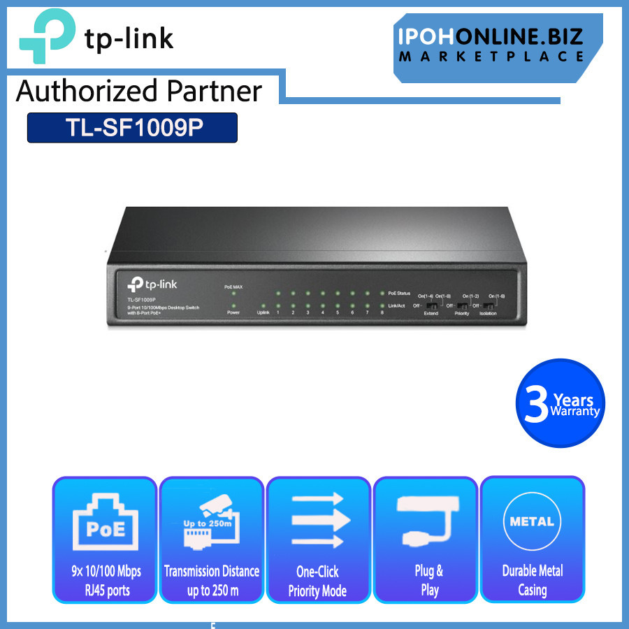 TP-Link TL-SF1009P 9 Port 10/100Mbps Desktop Switch with 8 Port PoE+ with Transmission for ...