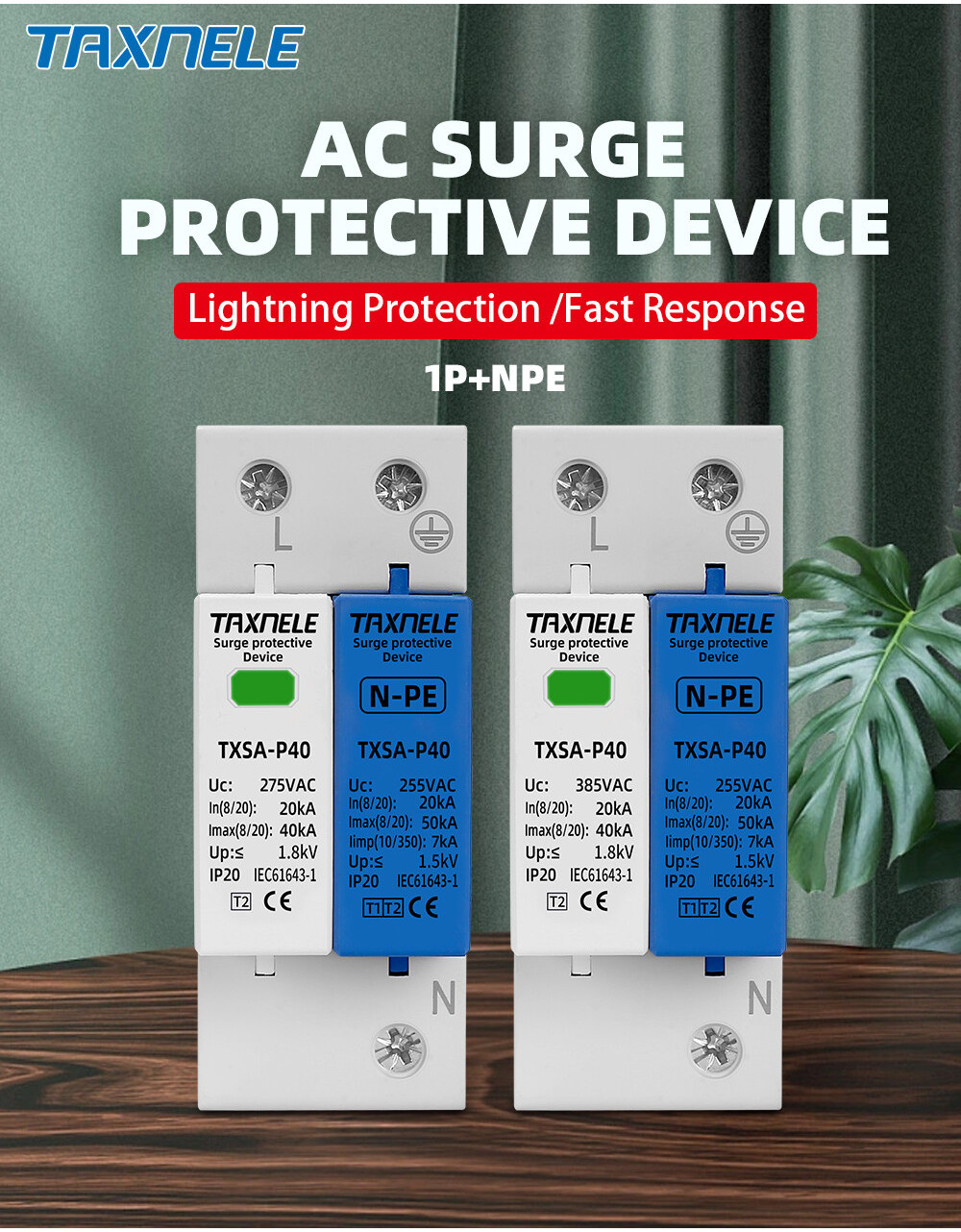 TAXNELE AC SPD House Surge Protector 1P+NPE 40KA 50KA T1 T2 385V 275V Protective Low-voltage ...