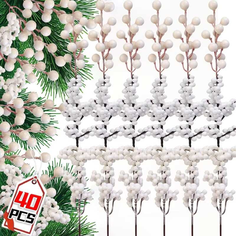40/4Pcs Artificial White Berries Branches Foam Berries Stems Fake Fruit ...