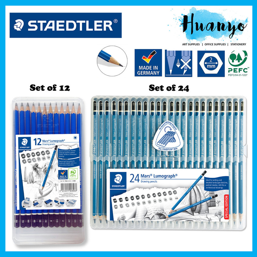(Wallet Set of 12 / 24 degrees) Staedtler Mars Lumograph 100 Drawing and Sketching Pencils ...