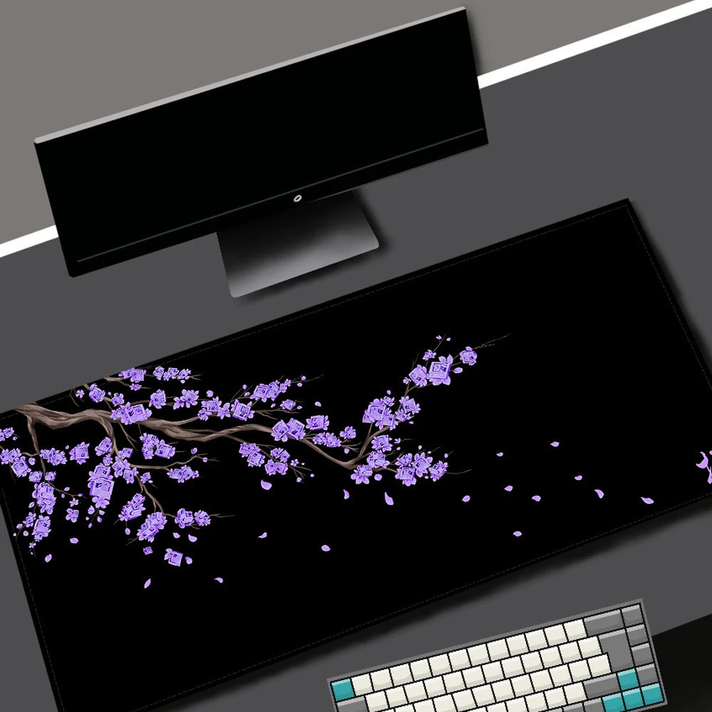 Kawaii Purple Desk Mat Black Sakura Gaming Mouse Pad Large Office ...