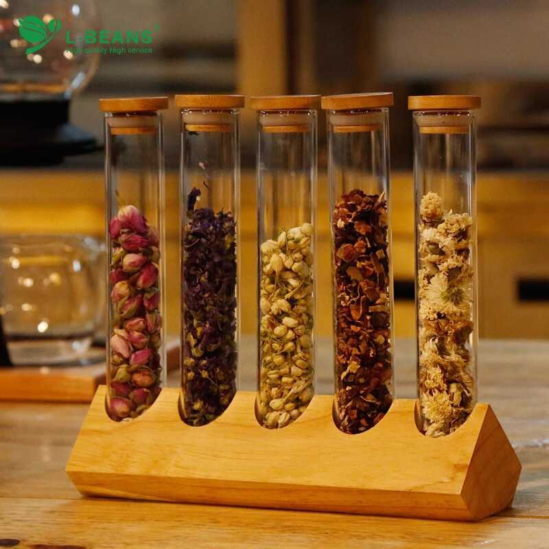 Glass test tube tea display rack, coffee ripe bean and green bean ...