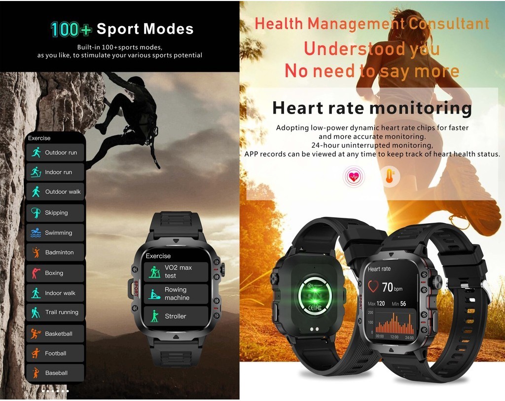 QX11 Rugged Smartwatch Bluetooth Call 3ATM Waterproof Heart Rate ...