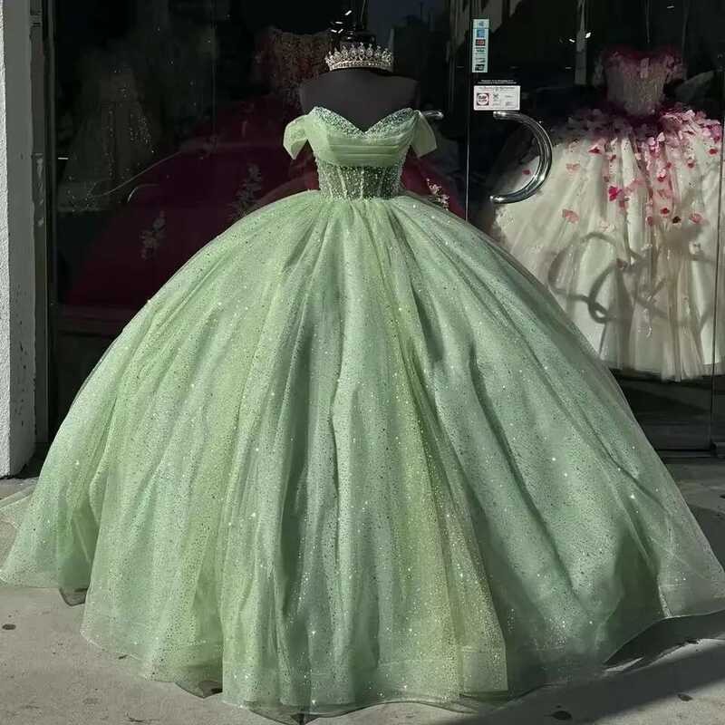 Tt Bom Glittering Green Quinceanera Damit Gown Off-Shoulder Vestidos De ...