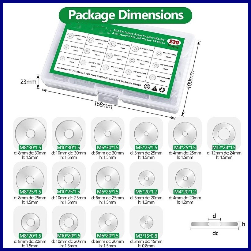230pcs M3 M4 M5 M6 M8 M10 M12 Stainless Steel Large Oil Seal Washer Gasket Set Flat Ring Seal ...