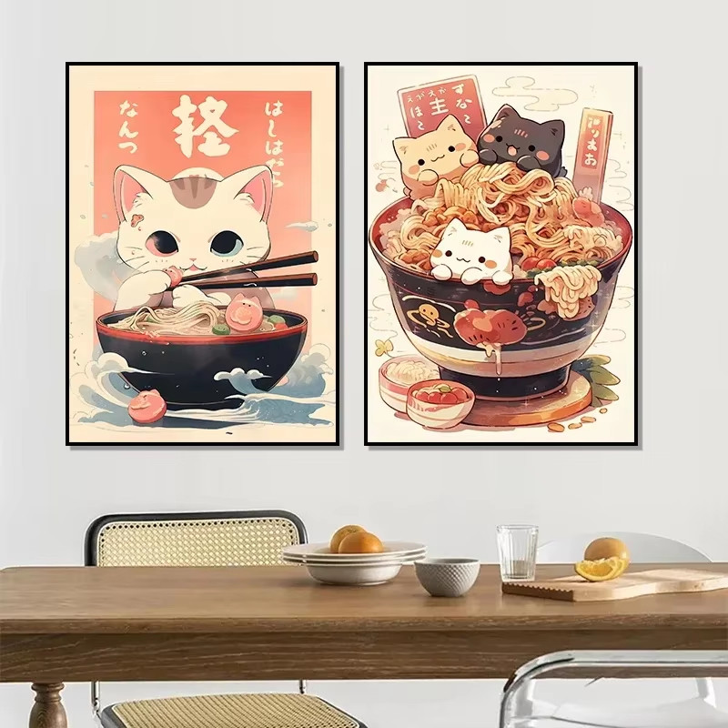 Kawaii Japanese Ramen Animal Cat Posters Canvas Prints Paintings Home ...