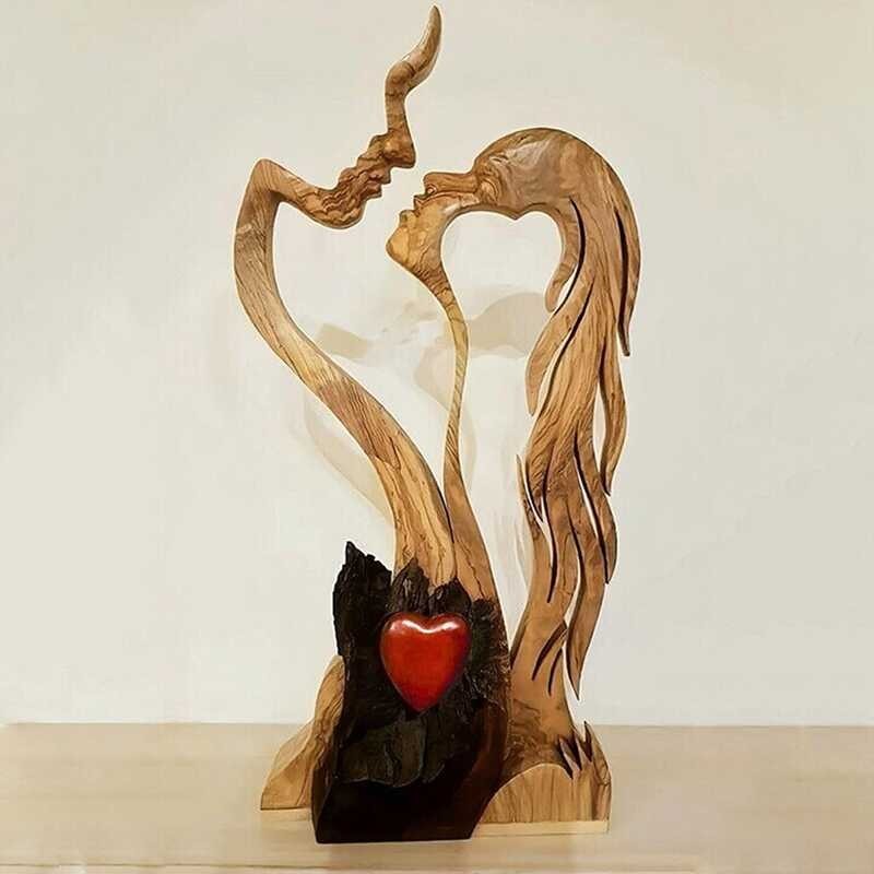 Wood Eternal Wooden-Heart Desktop Sculpture Couple Kissing Statue Love ...