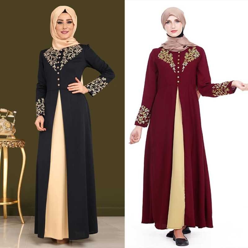 LY Women's Muslim Abaya Dress Long Sleeve Patchwork Printed Robe O Neck ...