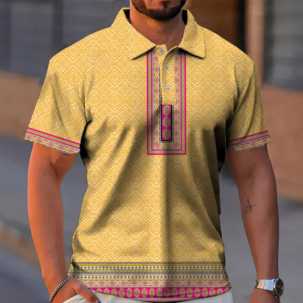 2025 Ethnic Retro Style T-shirt Balong Floral Pattern Printed POLO ...
