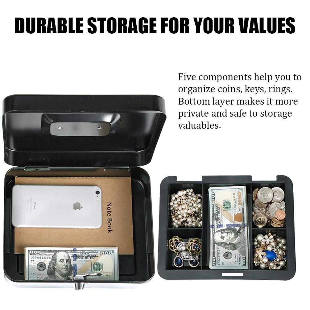 15CM SMALL BLACK PORTABLE METAL CASH BOX WITH LOCK MONEY ORGANIZER ...