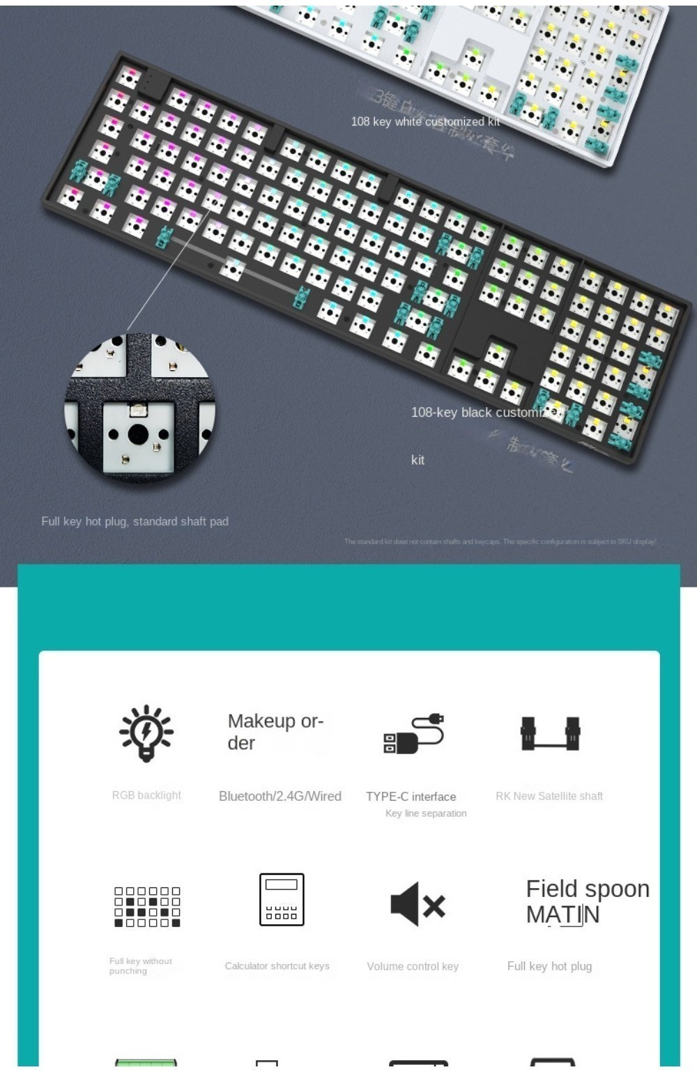 Royal Kludge RK108 Keyboard Mechanical 100% Layout RGB Bluetooth 3-mode ...
