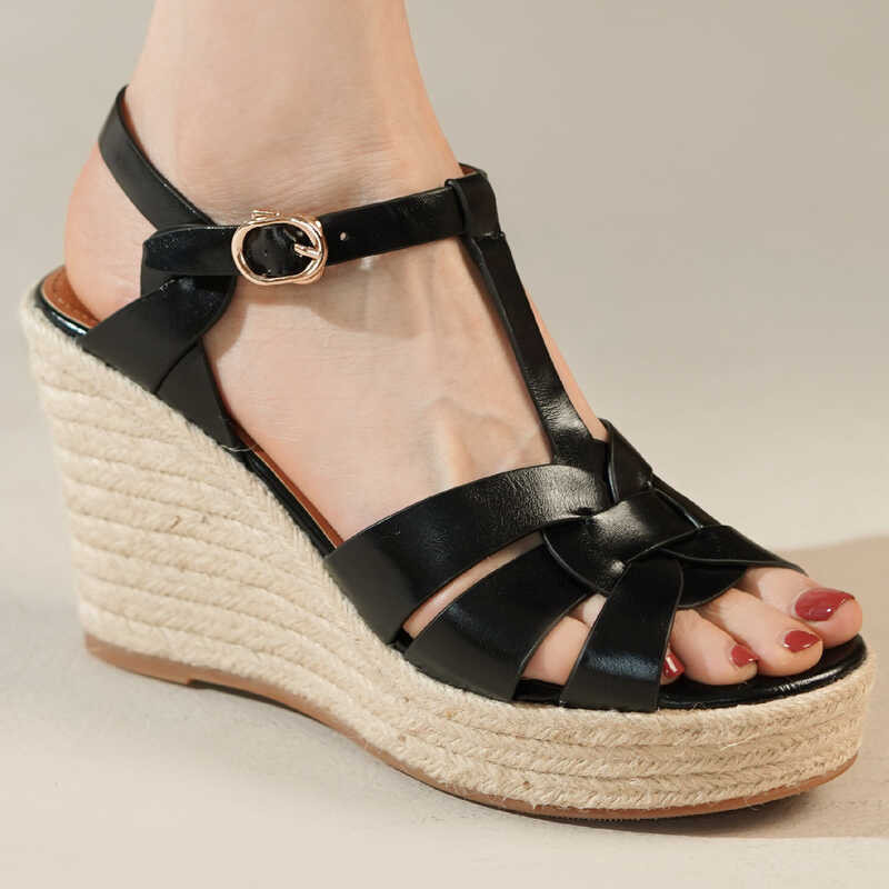 Tanging Katad Ng Mga Kababaihan Braided Bukas Daliri T-Strap Hampa ...