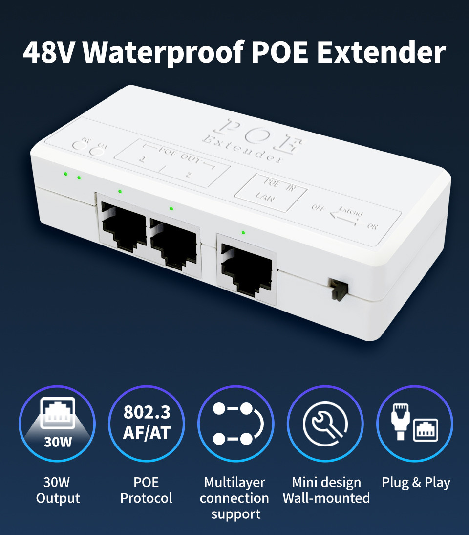 2 Port POE Extender 350 Meters 100Mbps Active POE Repeater IEEE802.3AF ...
