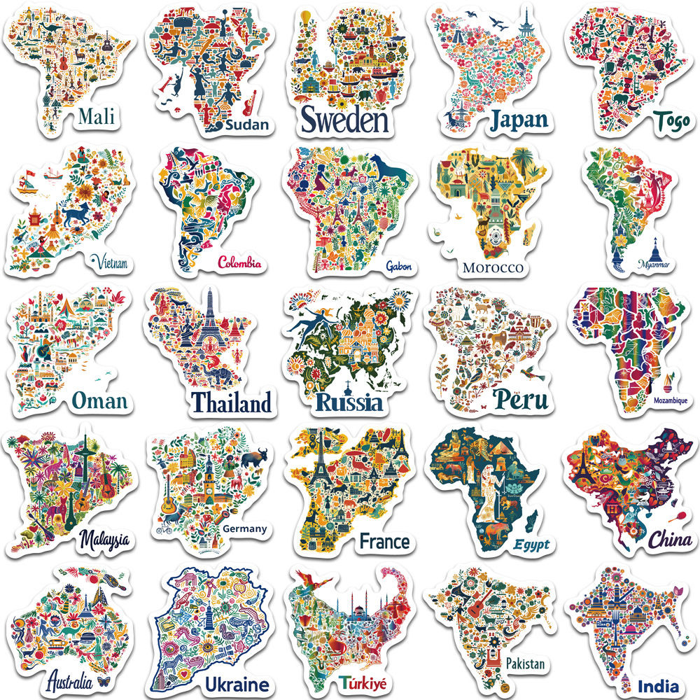 100 Stickers of Maps In Cultural Symbols and Icons Country Creative ...