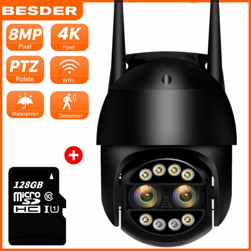 BESDER 8Mp 4K PTZ IP Camera Wifi Security CCTV Dual-Lens Color Night ...