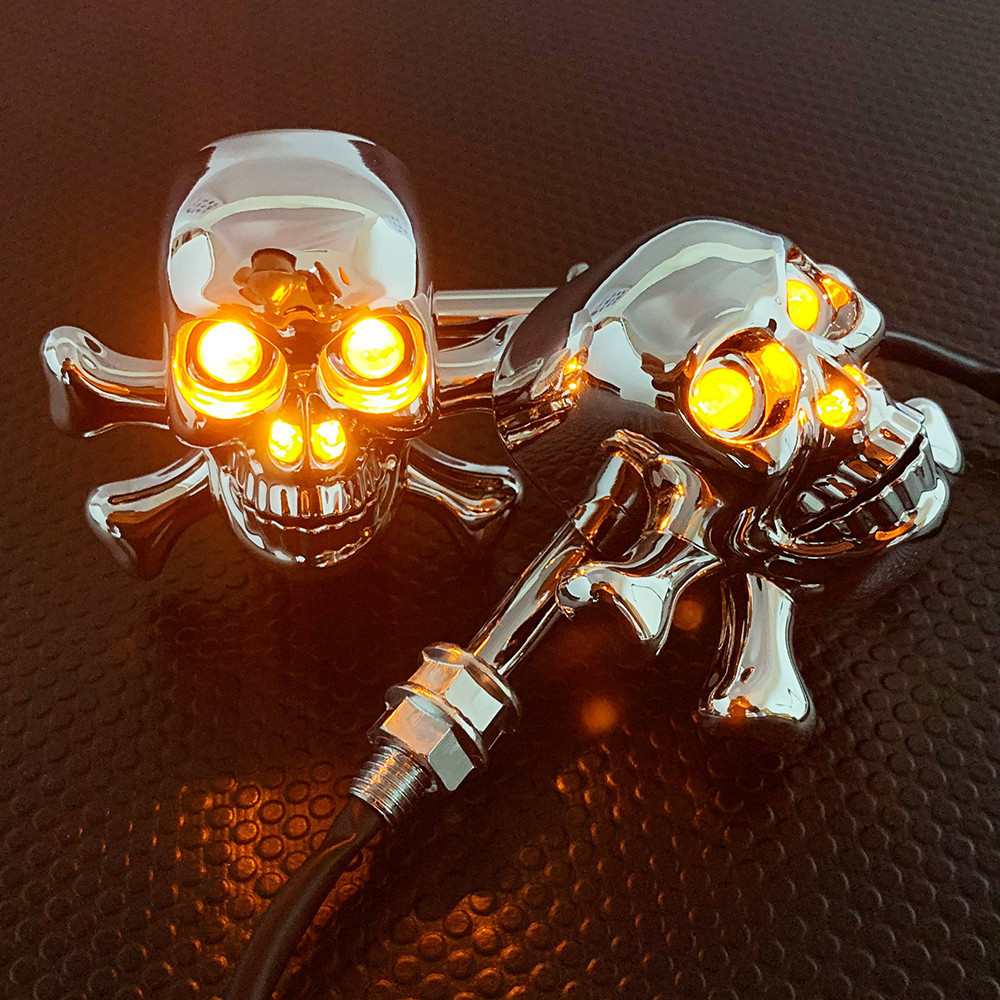 Chrome/Black Skull Motorcycle LED Turn Signal Lights Indicators For ...