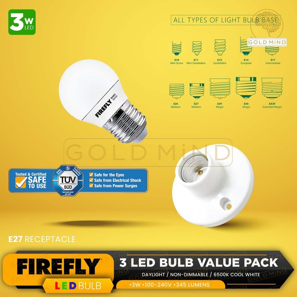 Firefly Basic Series 3 PCS-LED Bulb Value Pack ( DAYLIGHT) Non-Dimmable ...