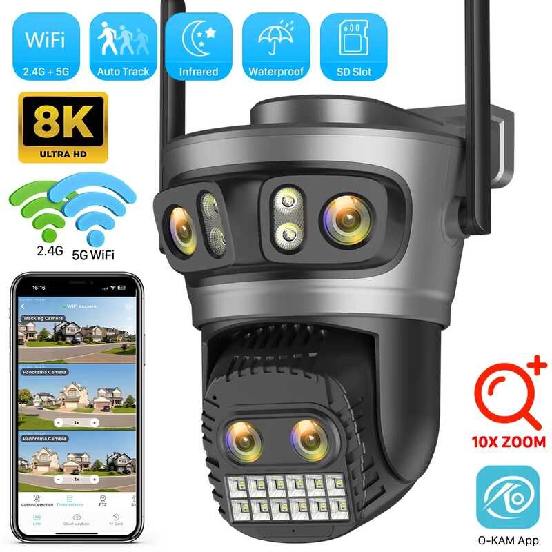 20Mp 8K HD Wifi Camera Outdoor 10X Zoom Four Lens Three Screen Auto Tracking Security Protection ...