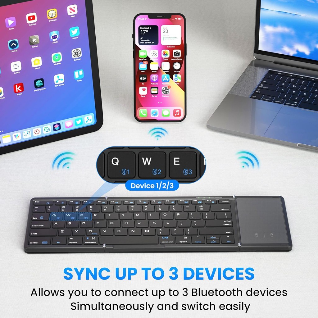 Tri-fold Bluetooth Keyboard with Touchpad Rechargeable Portable Long ...