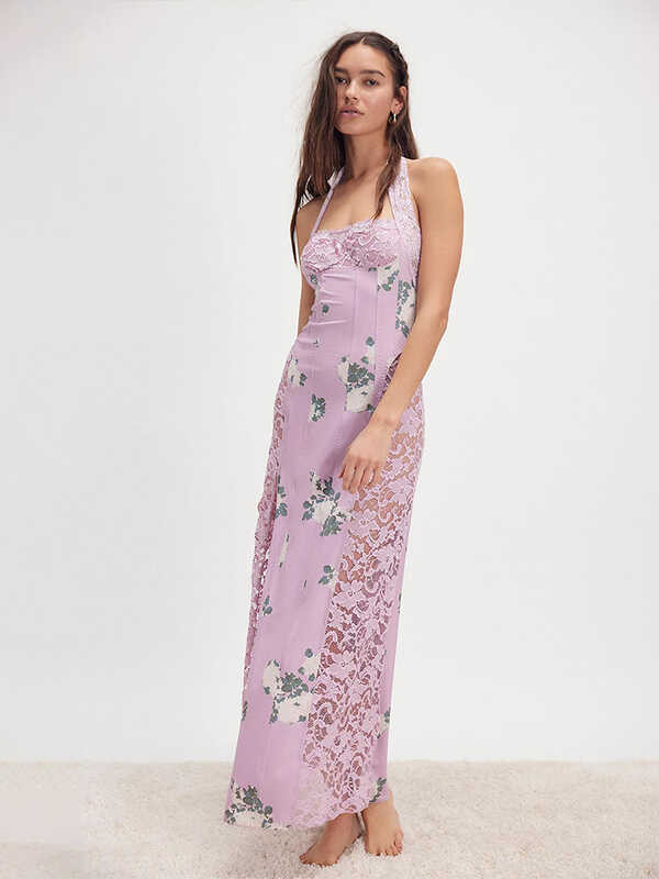 Purple pure desire sexy slit hollow lace dress, slim fit and eye-ching ...