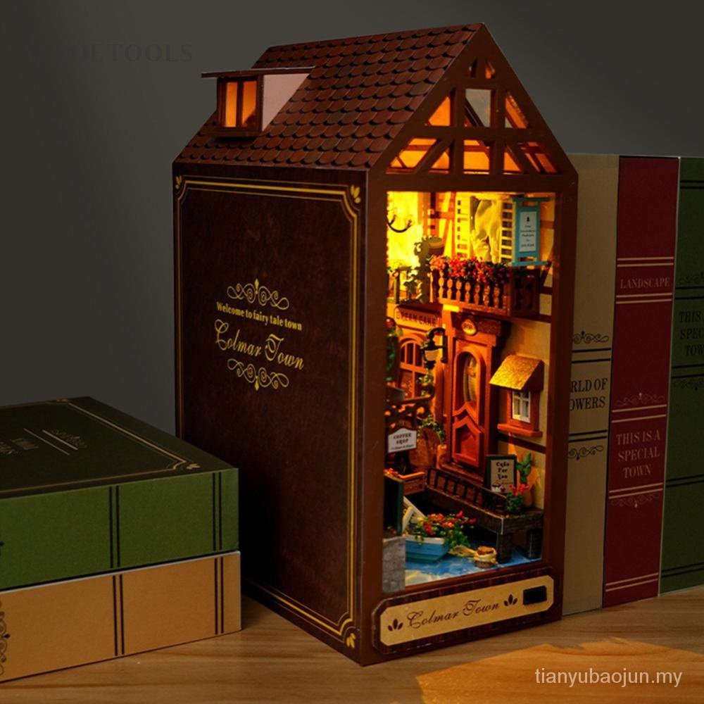 【In stock】DIY Wooden Book Nook Shelf Insert Kit Miniature Fairy Tale Town Bookshelf Forest House ...
