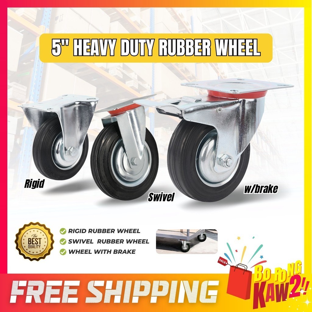 5 INCHI Heavy Duty Rubber Wheel Rigid Swivel With Brake 360 Degree ...