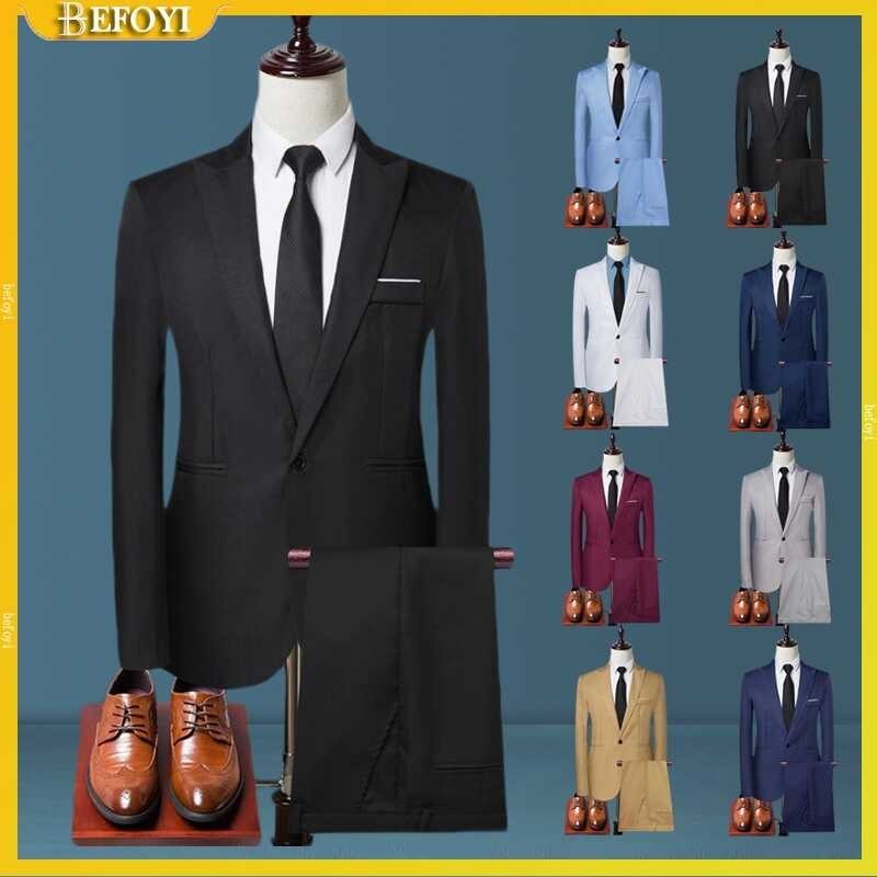 Men Blazer Set Suit Formal Trousers Business Wedding Korean Office ...