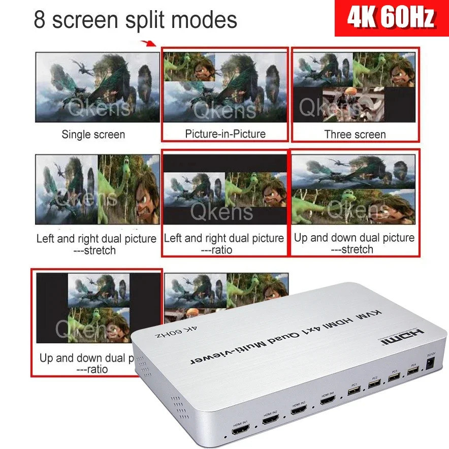 4K 60Hz 4x1 Quad HDMI Multiviewer USB KVM Switch Multi-viewer 4 Channel ...