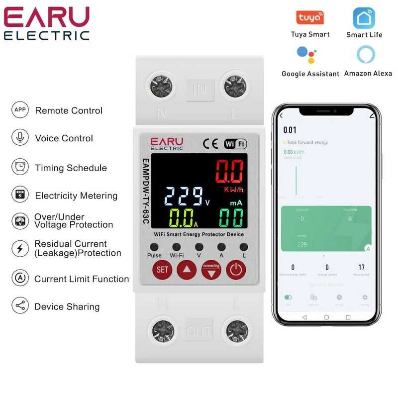 Tt 2P 63A TUYA APP Wifi Smart Circuit Earth Leakage Over Under Voltage ...
