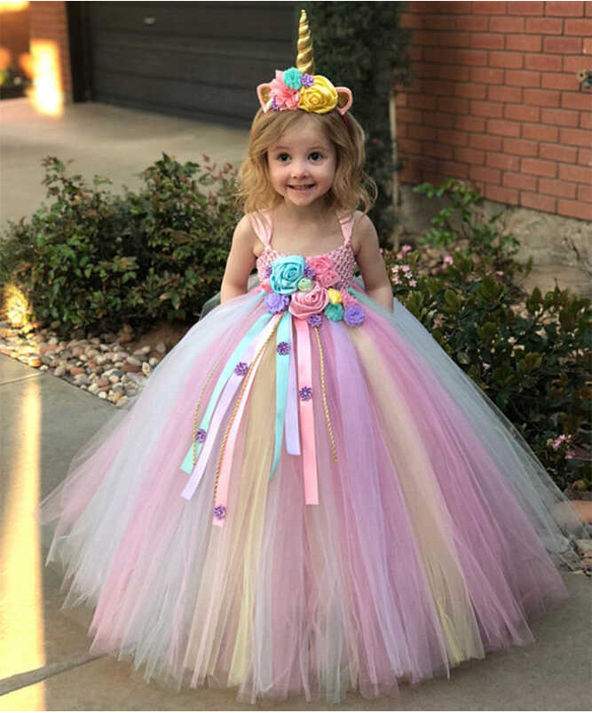 899 Girls Pastel Unicorn Dress Kids Flower Tutu Dress Long Ball Gown ...