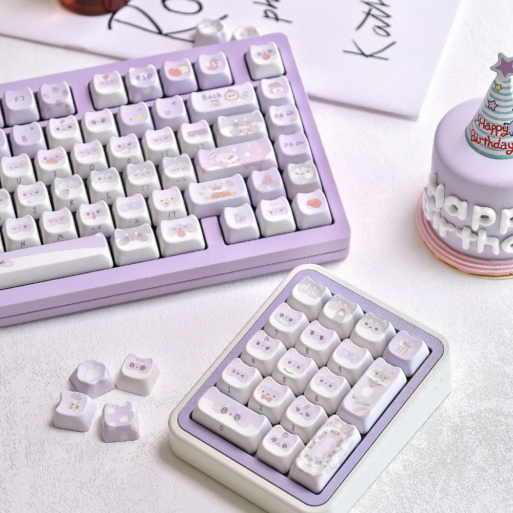 【Cat Head Design】141 Keys Lilac Raccoon Keycaps Cute Purple Meow ...