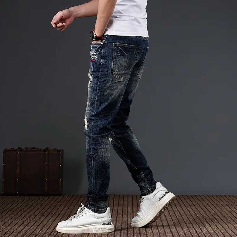 New 2024 Trendy Patch Perforated Embroidered Jeans For Men's Deep Blue ...