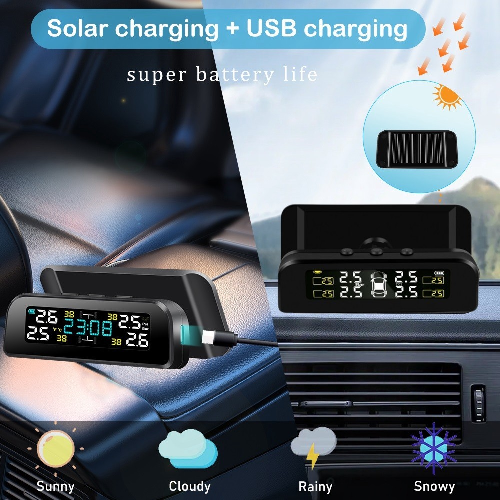 Smart Car Tpms Tire Pressure Monitoring System Solar Digital Clock Lcd Display Car Tire Pressure