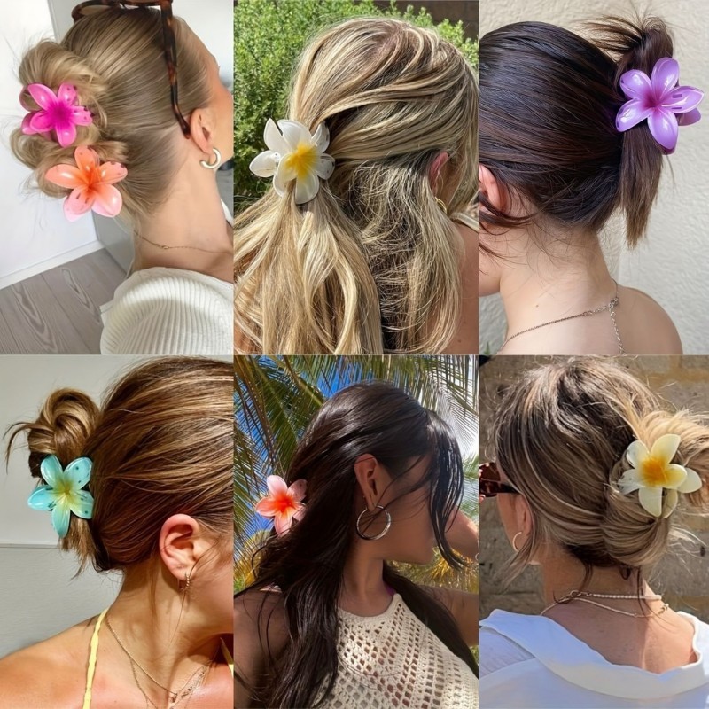 6pcs/set Colorful Plumeria Flower Hair Clamp Fashion Claw Hair Clips ...