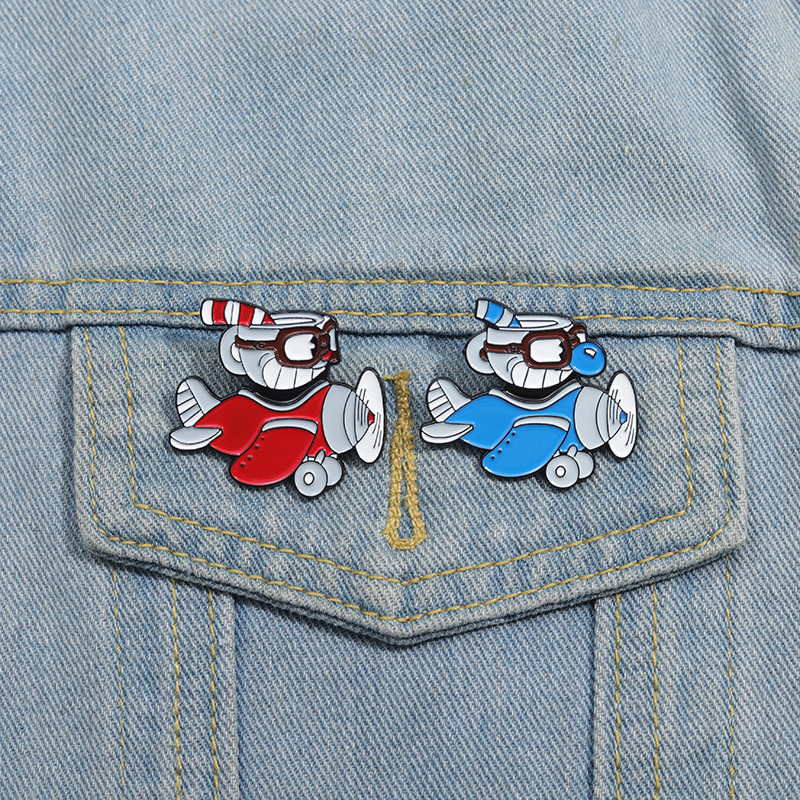 Game Cuphead Mugman Enamel Pin Cartoon Mugman Drive Plane Metal Badge ...