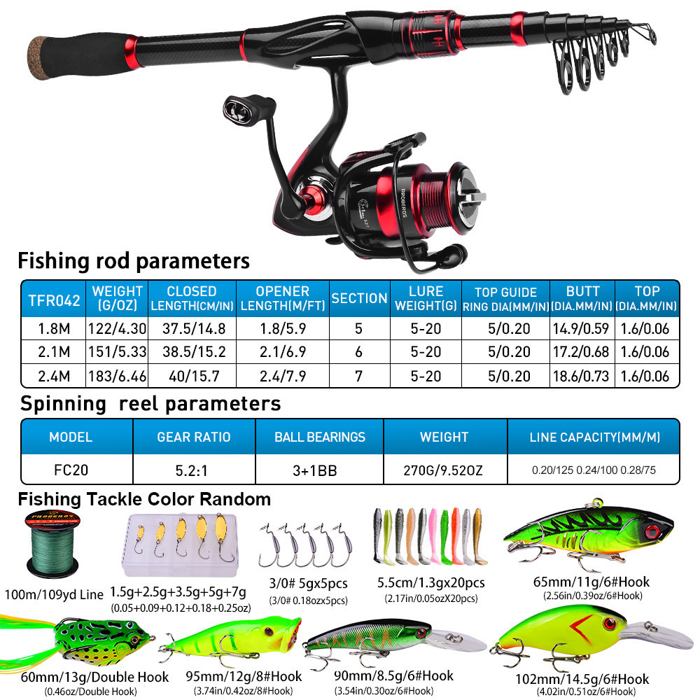 Proberos Fishing Rod and Reel Combo Set 1.8m-2.4m Telescopic Fishing ...